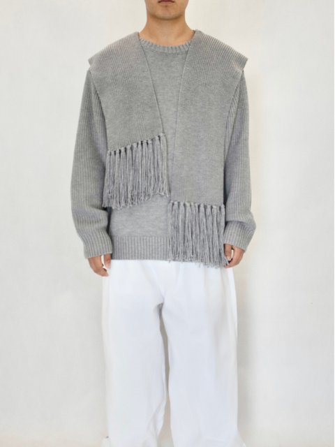 YOWSAH shoulder two scarf collar long -sleeved woolen knit round neck ...