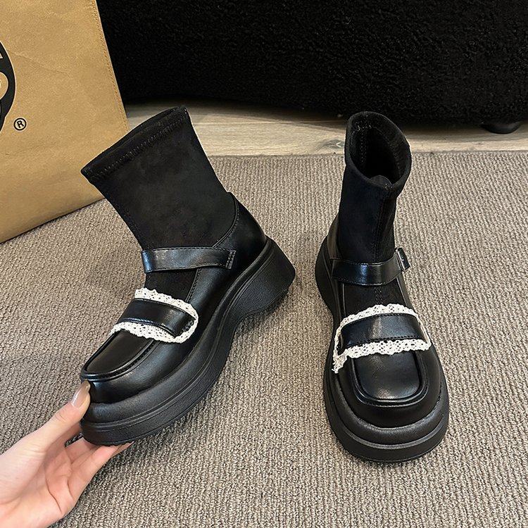 Giày Boot Tất Da Lộn Phong Cách Anh Quốc Nữ - Giày Loafer Gót Giữa Mùa ...