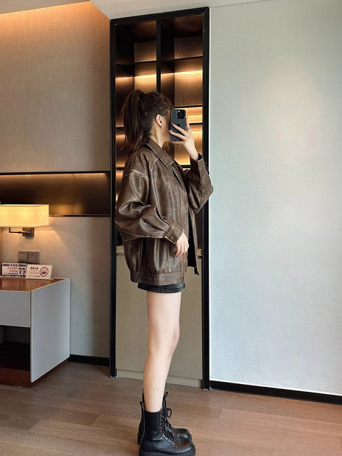 Brown leather jacket women's Maillard old new spring high-end American retro motorcycle PU ...