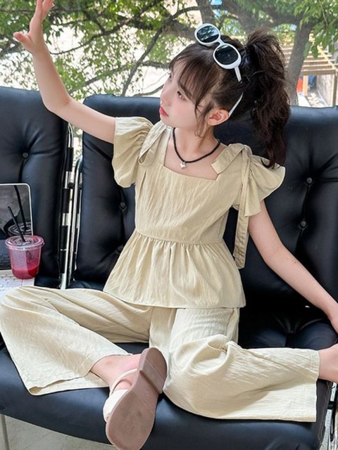 Girls' Set 2024 Summer New Middle Children's wide -leg pants casual ...