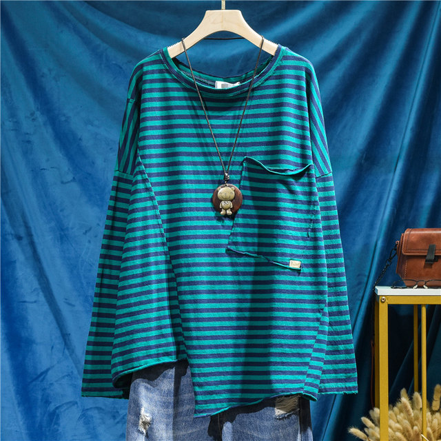 Pure cotton striped long-sleeved irregular T-shirt women's spring and ...