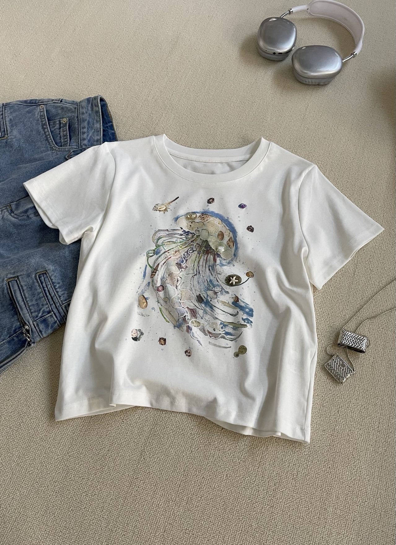 Korean heavy industry hand-sewn shell jellyfish versatile short-sleeved ...
