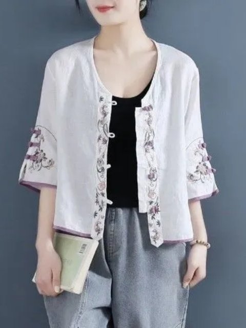 Ethnic style embroidered cotton and linen shirt for women in summer new ...