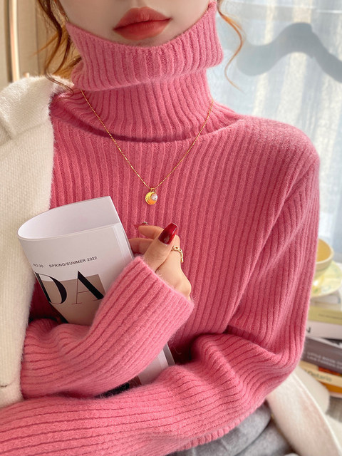 Pink sweater for women in autumn and winter thickened inner wear 2025 new hot turtleneck base ...