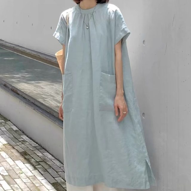 New summer Japanese French style lazy style big pocket round neck dress ...