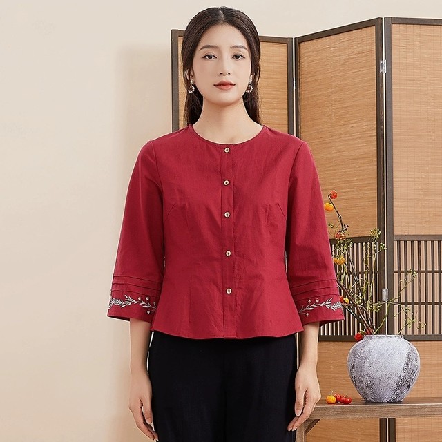 Xinpin embroidered cotton and linen top female slim thin round neck ...