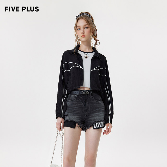 FIVEPLUS thin jacket women's retro sports style contrast color long sleeves loose design zipper ...