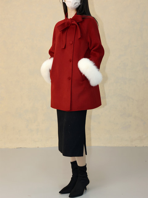 Silk wool fox fur sleeve French cloak woolen coat women's hand sewn ...