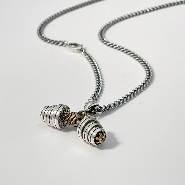 Informal S925 sterling silver dumbbell necklace, rotating barbell piece ...