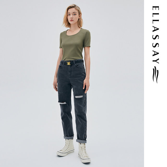 ELLASSAY autumn new simple bottoming solid color short-sleeved female ...