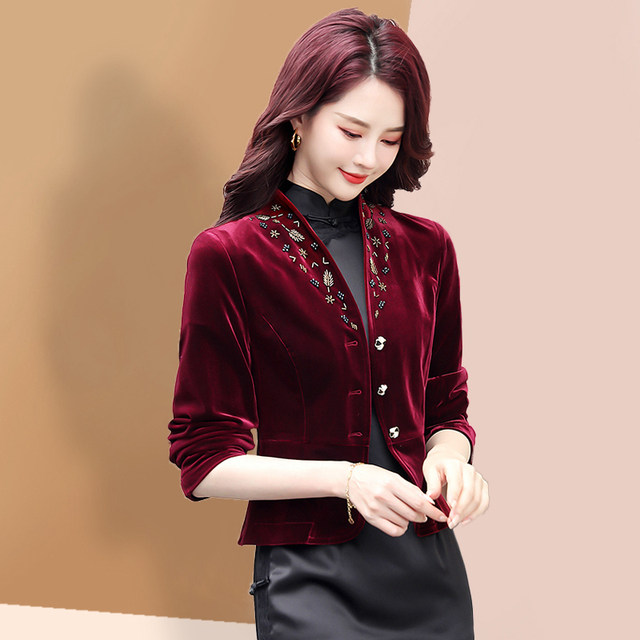 Gold Velvet Jacket Paired with a Cheongsam Dress for Women, Spring and ...
