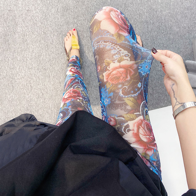 Summer mesh leggings for outer wear gypsy see-through print large ...