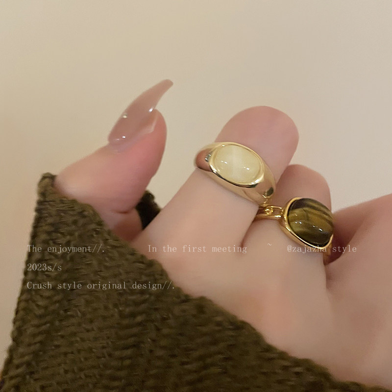 Amber brown natural stone opening ring for women retro niche design ...