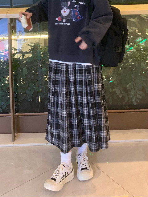 1.5m girl Japanese preppy style draped plaid skirt small all-match ...