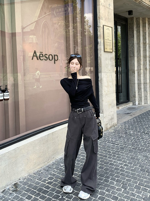 Adan black oblique shoulder top spring and autumn Korean version slim ...