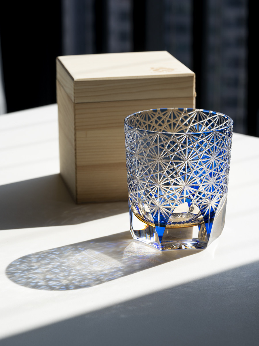 Blue Daisy Crystal Whiskey Glass - Handmade Japanese Style