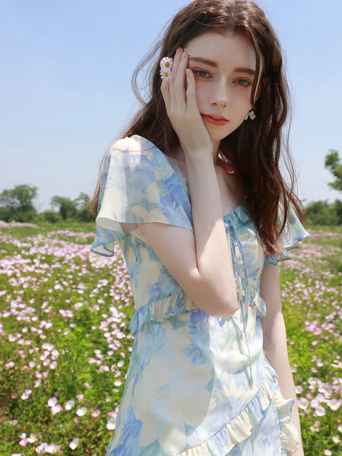 Du Xing 2025 autumn new ruffled chiffon skirt floral dress long skirt ...