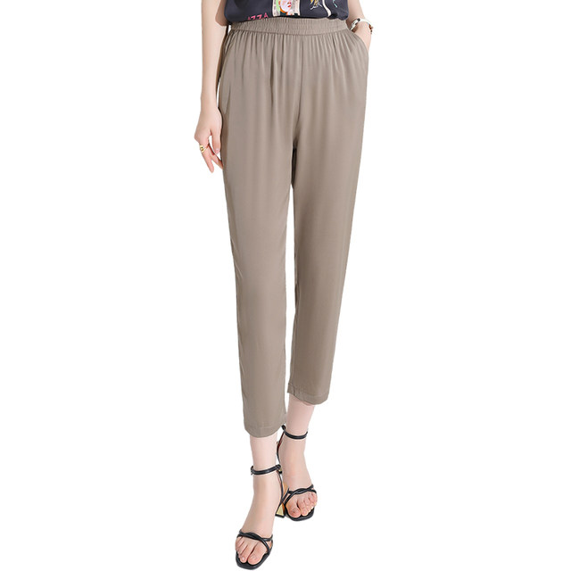 Summer Mulberry Silk Pencil Pants with Elastic Waist, Pure Color ...
