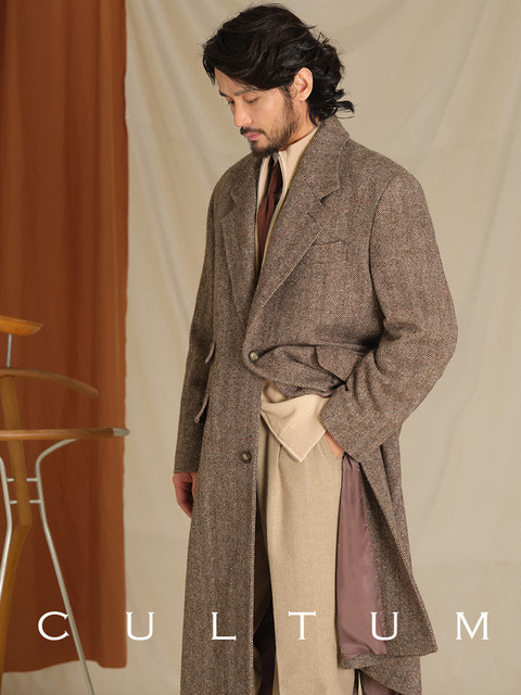 CULTUM Italian coarse retro brown color dot herringbone Chaist coat ...