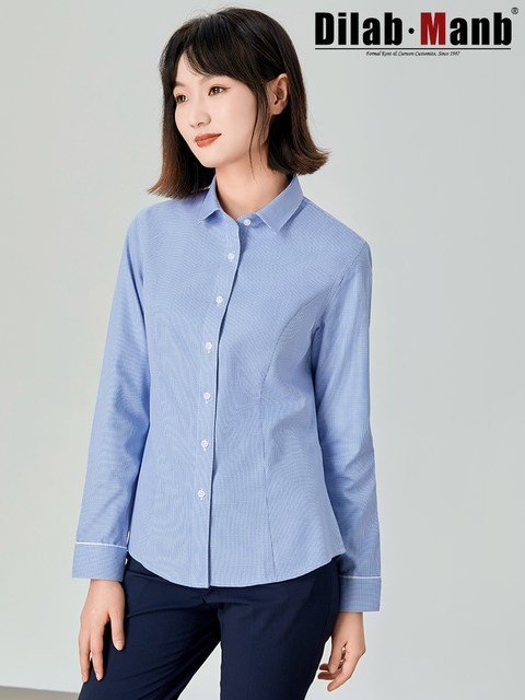 Dimeng Professional Shirt Women's Long-Sleeved Blue Plaid Non-Iron ...