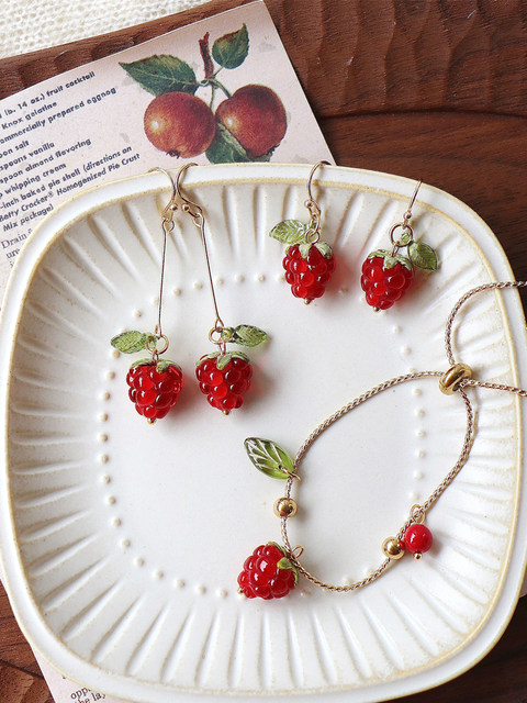 Lixia red raspberry earrings glazed raspberry fruit asymmetric earrings ...
