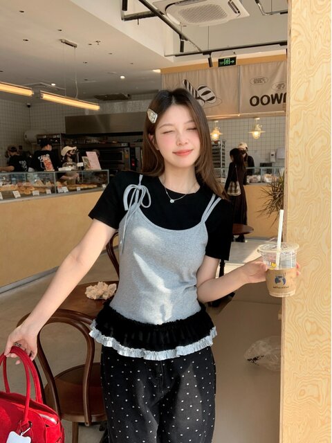 Large size retro fake two-piece suspender short-sleeved T-shirt for ...