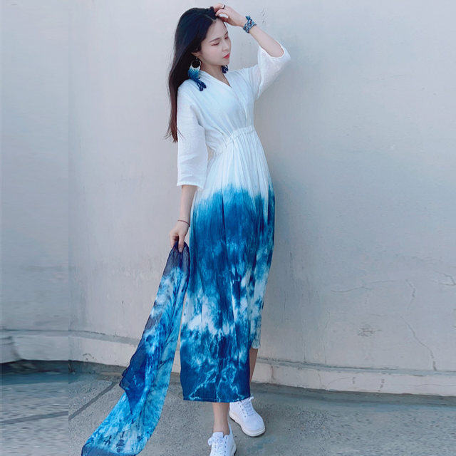 Yiche original design tie-dye plant handmade blue dyed V-neck elegant ...