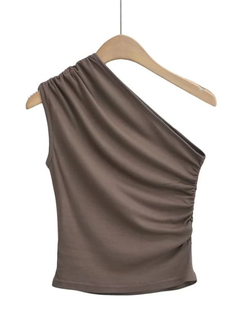 Little Ru French style sexy slanted shoulders wrinkled waist vest pure ...