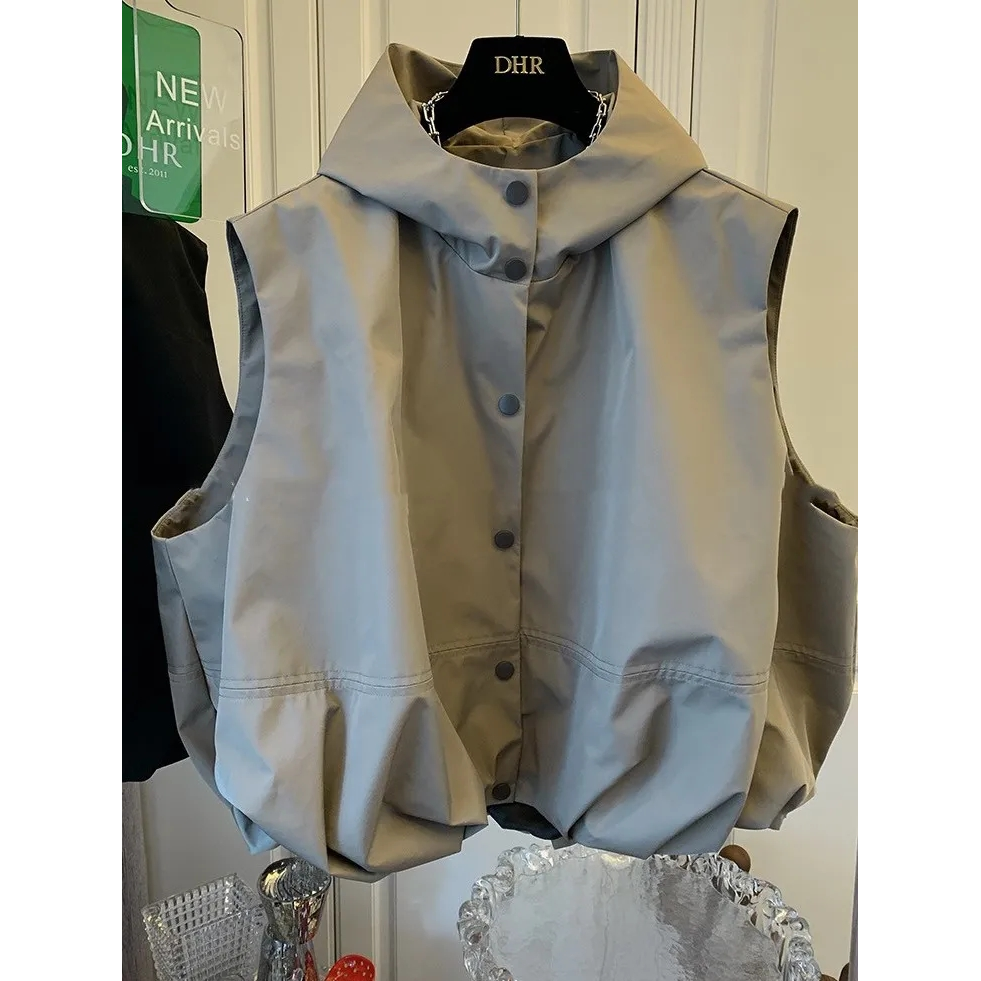 Black hooded vest female autumn loose casual short vest jacket stacked ...