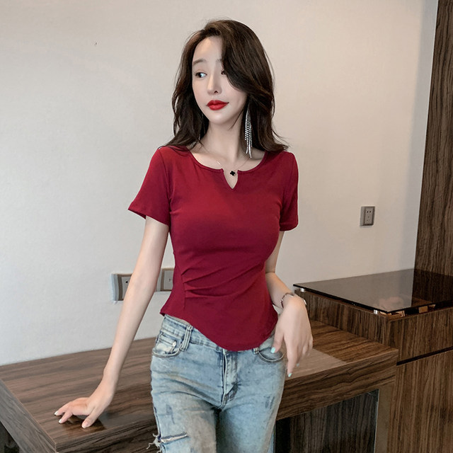 Irregular chic top women's short-sleeved design niche slim waist ...