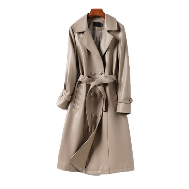 Haining leather coat women's mid-length double-breasted lace-up high ...