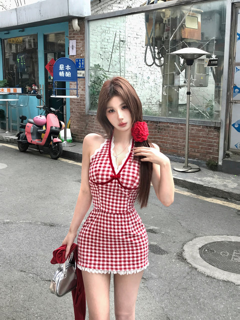 Mejiu Honey Nine【Strawberry Girl】Red Plaid Hot Girl Lace Dress Women's ...