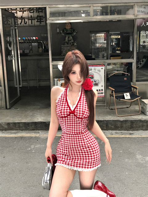 Mejiu Honey Nine【Strawberry Girl】Red Plaid Hot Girl Lace Dress Women's ...