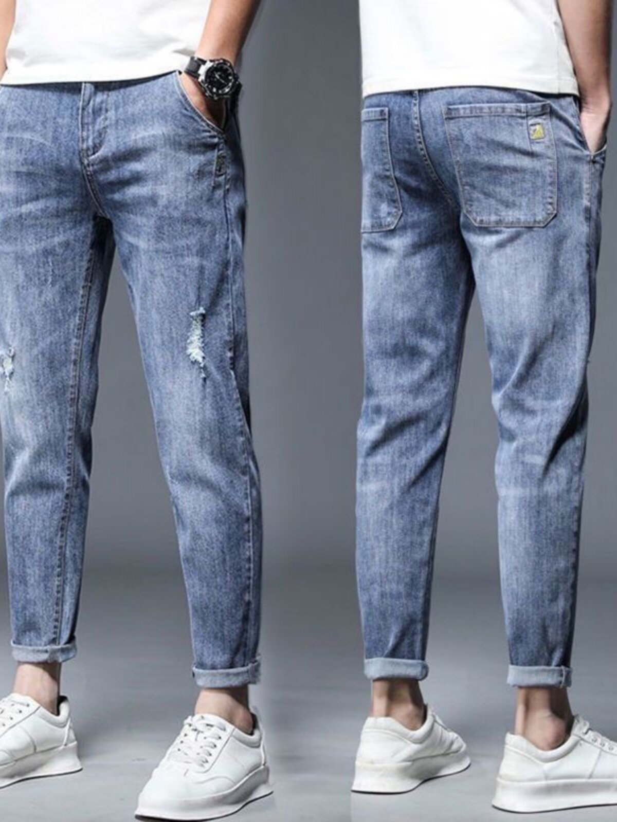 Men's Ripped Jeans - Slim Fit Cropped Pants
