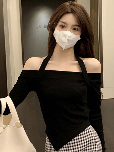 Sweet and spicy dewer sexy bottoming shirt, long -sleeved slimming, shoulder, shoulder top ...