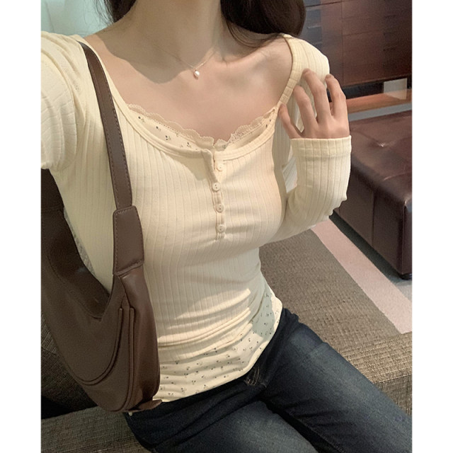 suseyiku versatile color-blocked small floral fake two-piece bottoming ...