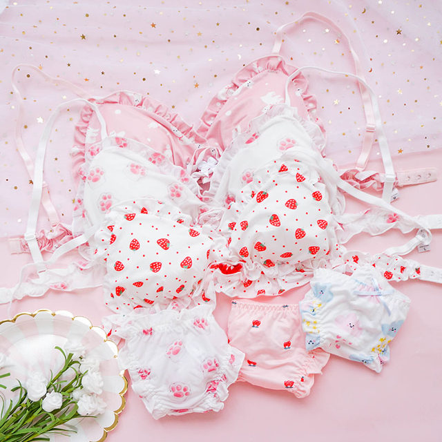 Strawberry lingerie cute pink flower print series milk silk comfortable ...