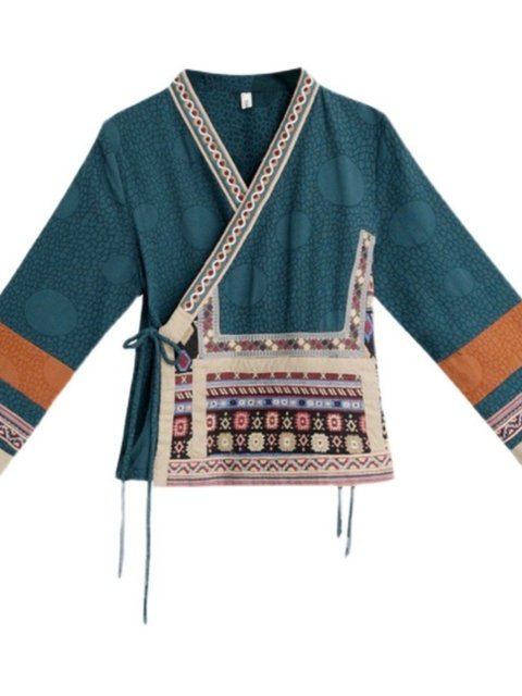 Ethnic style cotton and linen Chinese top loose slanted lace-up short ...