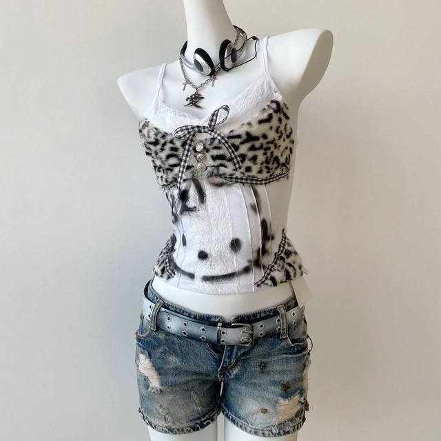 Retro y2k hot girl Shibuya suspender vest American kitten printed ...