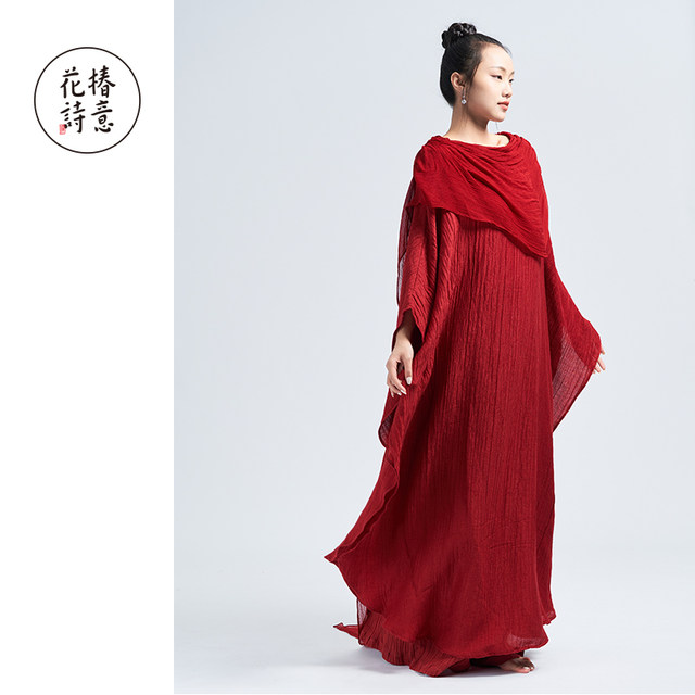 Huachun poetic national style Zen women's red shawl style loose bat ...