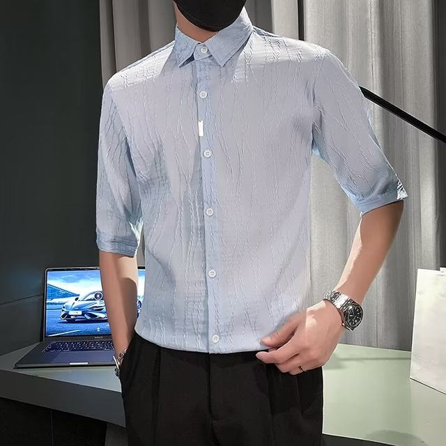 High-end solid color shirt for men's summer thin ice silk shirt for men ...