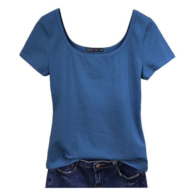 White U-neck t-shirt women's short-sleeved large neck top summer dress ...