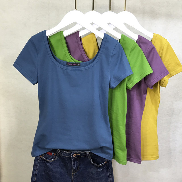 White U-neck t-shirt women's short-sleeved large neck top summer dress ...