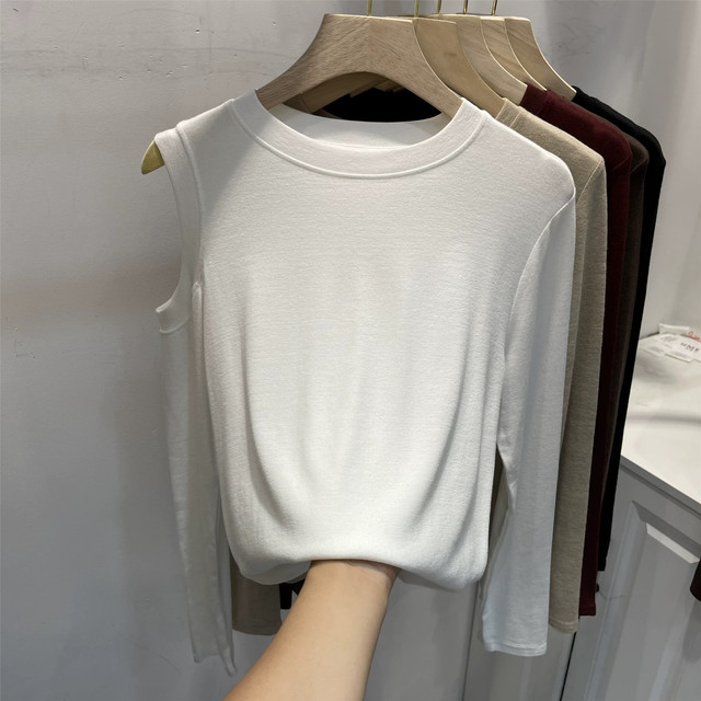 Angora red drape long-sleeved T-shirt for women ins leaky shoulder off ...