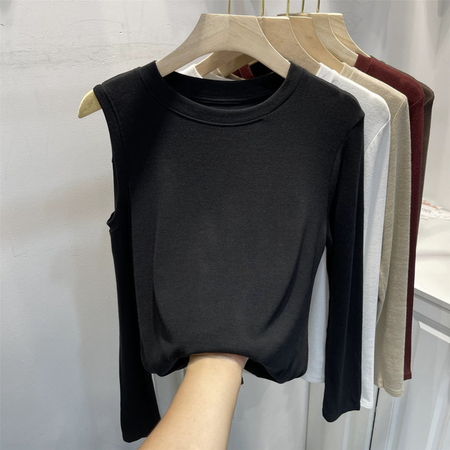Angora red drape long-sleeved T-shirt for women ins leaky shoulder off ...