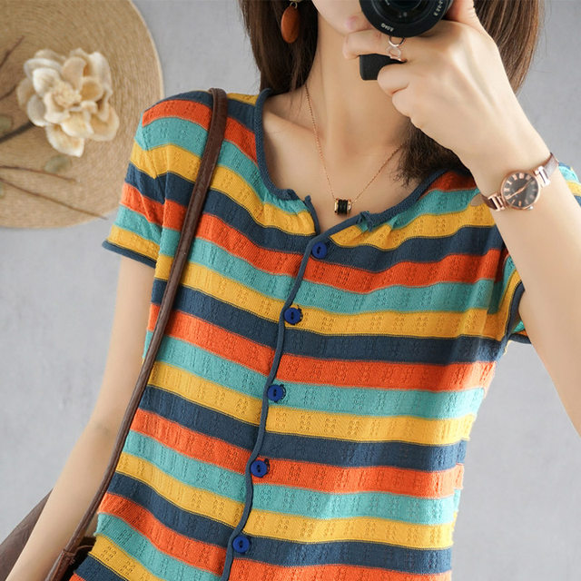 Round neck knitted rainbow striped T -shirt female slim and thin short ...