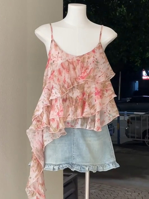 Korean Style Sweet and Youthful Ruffled Floral Camisole for Women, New Summer Vacation Style ...