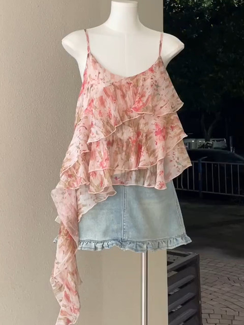 Korean Style Sweet and Youthful Ruffled Floral Camisole for Women, New Summer Vacation Style ...