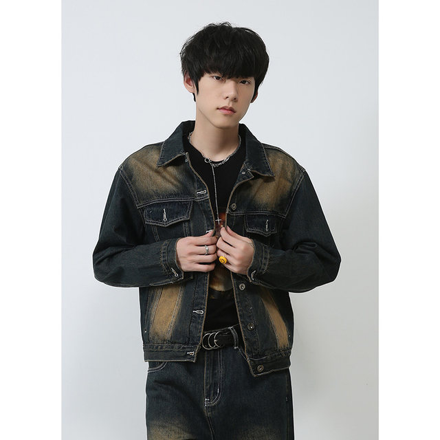 Sicnhe autumn new product retro high-end short rusty denim jacket men's ...