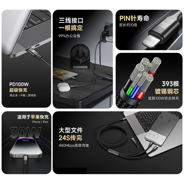 Romans data cable three-in-one fast charging charging cable one-to ...